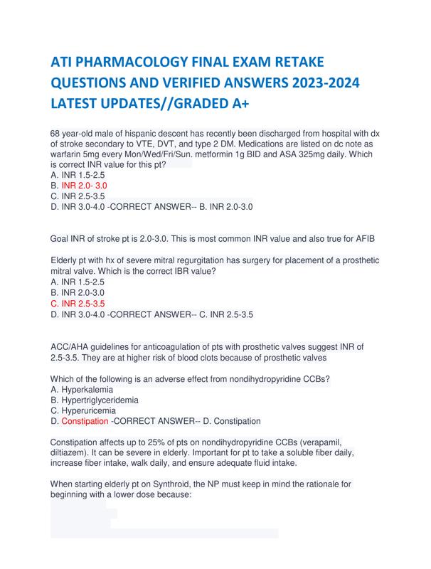 ATI PHARMACOLOGY FINAL EXAM RETAKE QUESTIONS AND VERIFIED ANSWERS 2023 ...