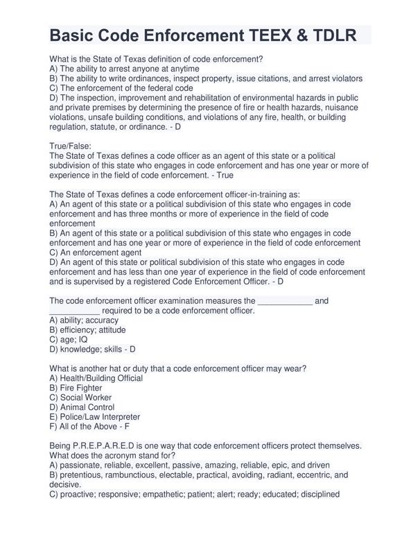 Basic Code Enforcement TEEX & TDLR Questions WIth Complete Answers 2024
