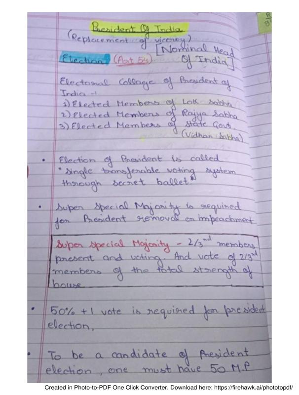 Hand Written Notes, Political Science, President Of India, Short Note ...