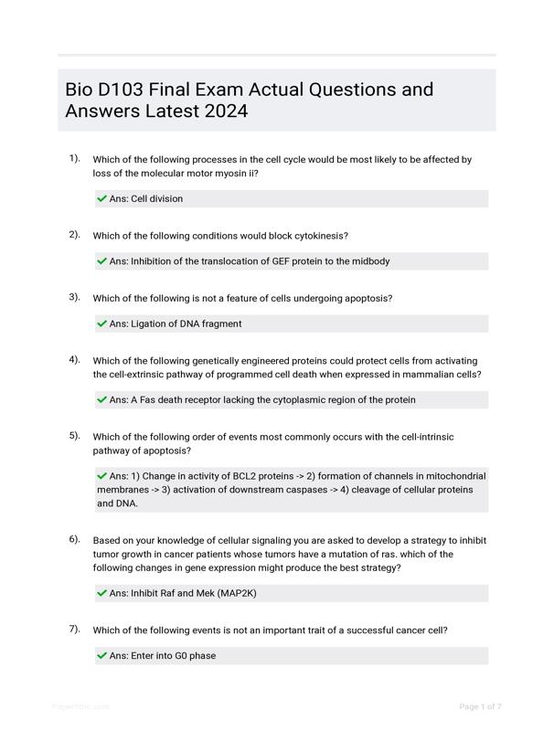 Bio D103 Final Exam Actual Questions And Answers Latest 2024