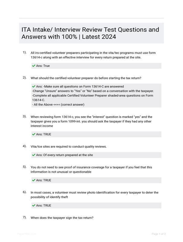 VITA Intake/ Interview Review Test Questions And Answers 100% Correct