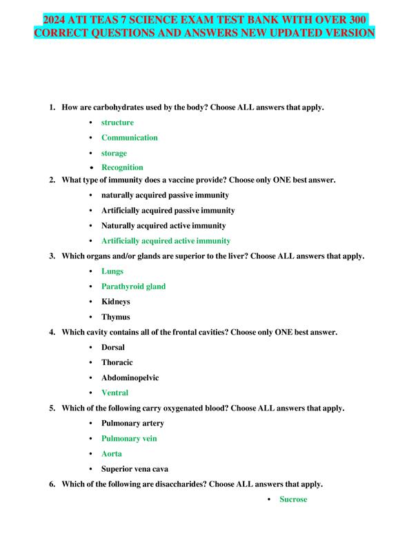 2024 ATI TEAS 7 SCIENCE EXAM TEST BANK WITH OVER 300 CORRECT QUESTIONS ... 2024 ATI TEAS 7 SCIENCE EXAM TEST BANK WITH OVER 300 CORRECT QUESTIONS ...