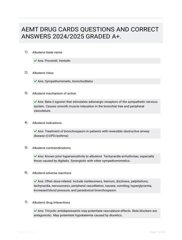 AEMT DRUG CARDS QUESTIONS AND CORRECT ANSWERS 2024/2025 GRADED A+.