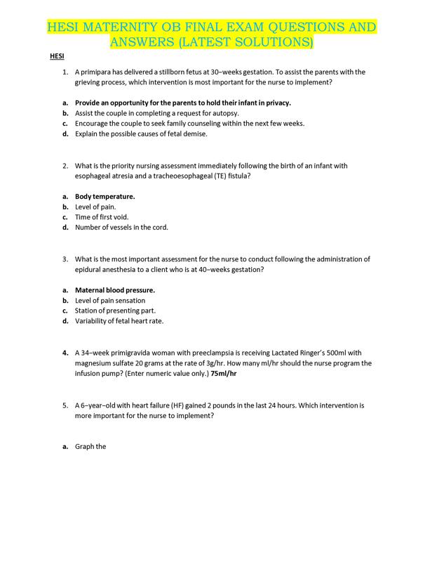 HESI MATERNITY OB FINAL EXAM QUESTIONS AND ANSWERS (LATEST SOLUTIONS ...