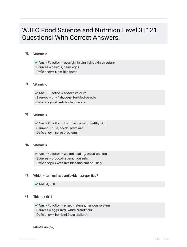 WJEC Food Science And Nutrition Level 3 |121 Questions| With Correct ...