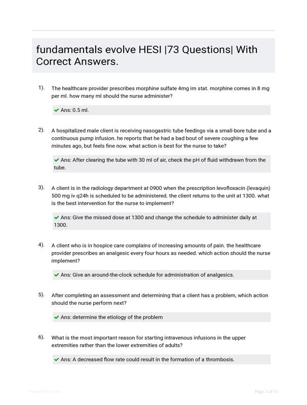 Fundamentals Evolve HESI |73 Questions| With Correct Answers.