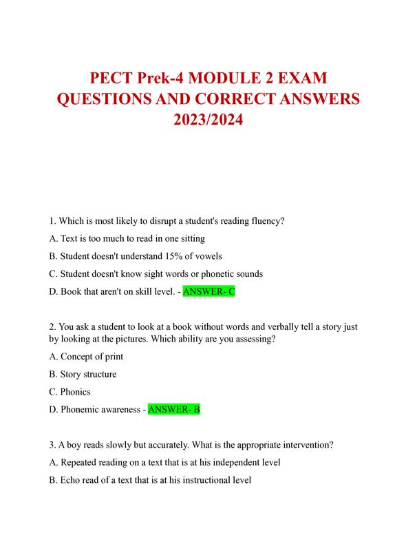 PECT Prek-4 MODULE 2 EXAM QUESTIONS AND CORRECT ANSWERS 2023/2024