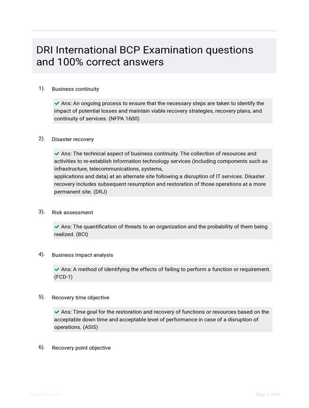DRI International BCP Examination Questions And 100% Correct Answers