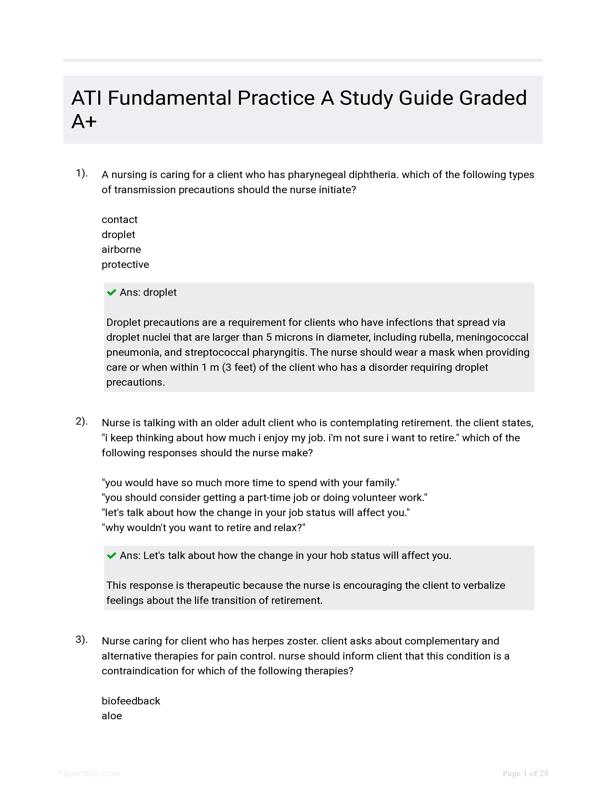 ATI Fundamental Practice A Study Guide Questions And Correct Answers