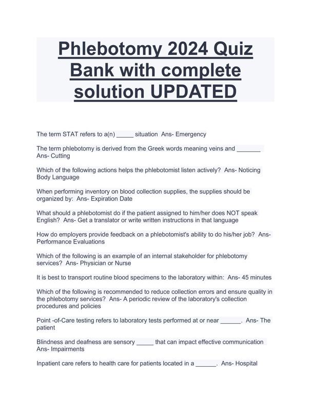Phlebotomy 2024 Quiz Bank With Complete Solution UPDATED
