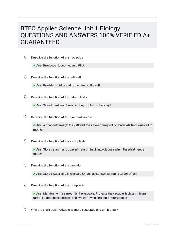 Btec Applied Science Unit 1 Biology Questions And Answers 100 Verified