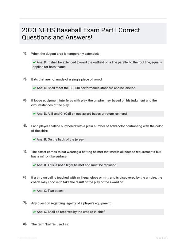 2023 NFHS Baseball Exam Part I Study Questions 2024 Graded A