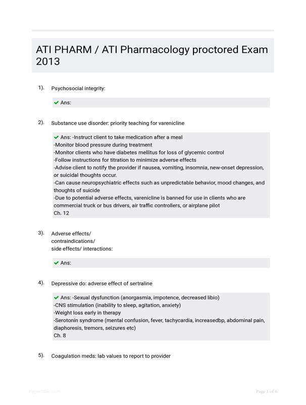 ATI PHARM / ATI Pharmacology Proctored Exam 2013