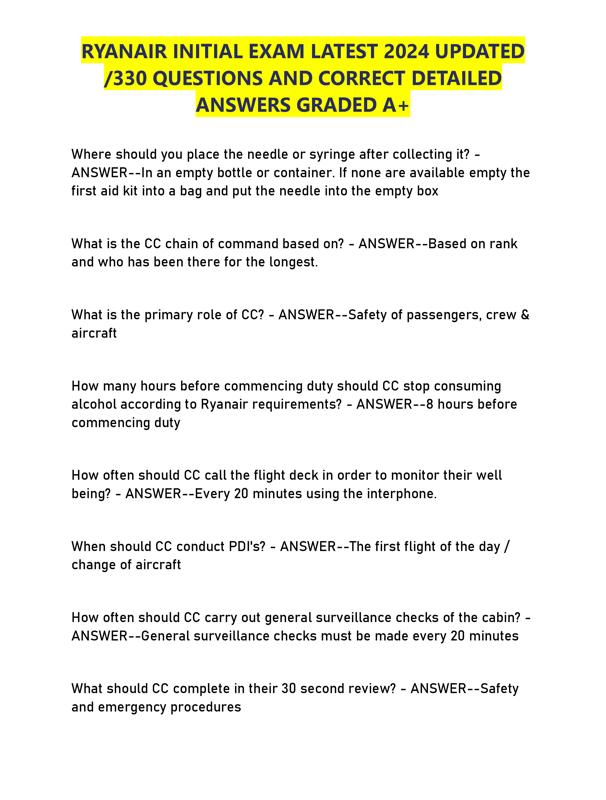 RYANAIR INITIAL EXAM LATEST 2024 UPDATED /330 QUESTIONS AND CORRECT ...