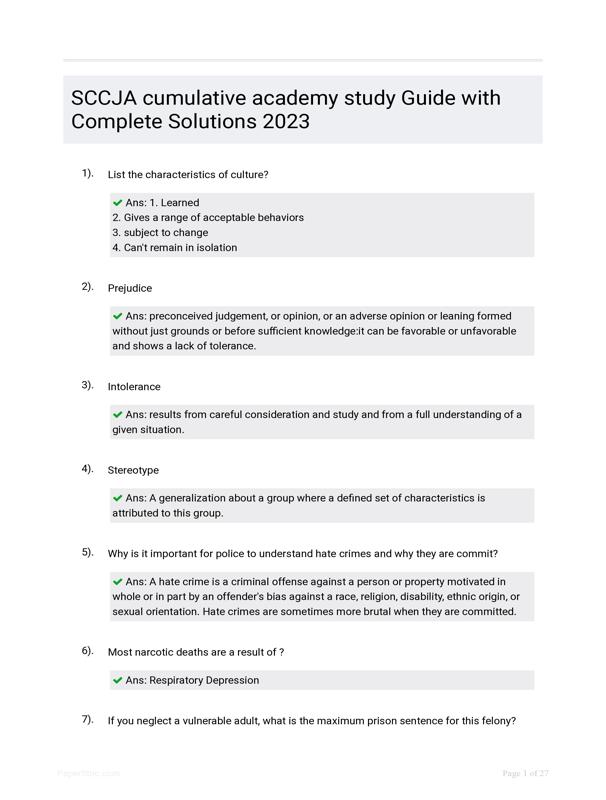 SCCJA Cumulative Academy Study Guide With Complete Solutions 2023