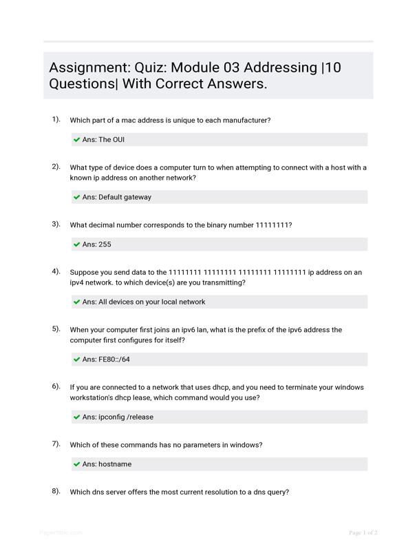 Assignment: Quiz: Module 03 Addressing |10 Questions| With Correct Answers.