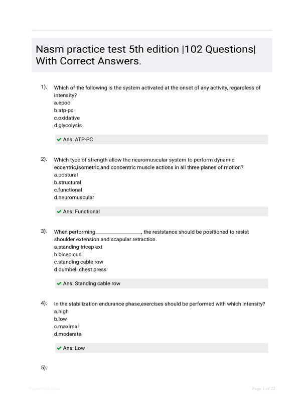 Nasm Practice Test 5th Edition Study Guide Questions And Correct Answers