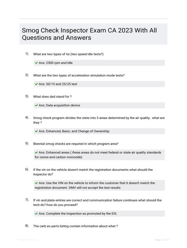 Smog Check Inspector Exam Ca 2023 With All Questions And Answers