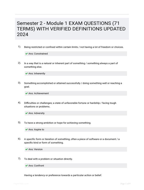 Semester 2 - Module 1 EXAM QUESTIONS (71 TERMS) WITH VERIFIED ...
