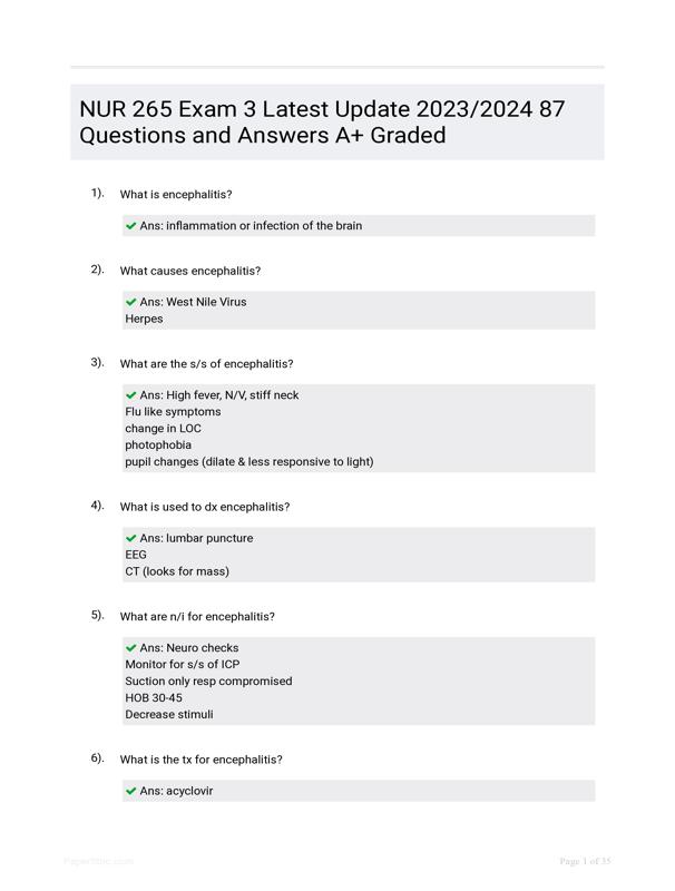 NUR 265 Exam 3 Latest Update 2023/2024 87 Questions And Answers A+ Graded