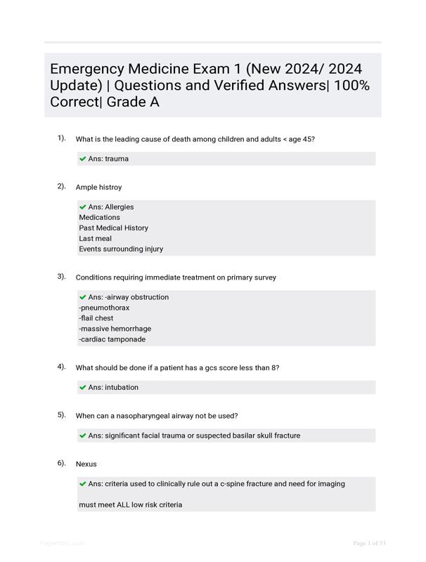 Emergency Medicine Exam 1 (New 2024/ 2024 Update) | Questions And ...