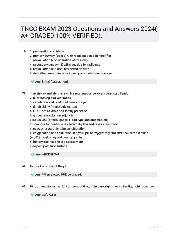 TNCC EXAM 2023 Questions And Answers 2024( A+ GRADED 100% VERIFIED).