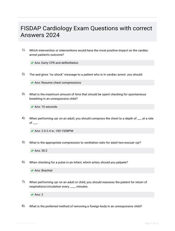EMT FISDAP Cardiology Exam Study Questions And Answers (Verified Answers)