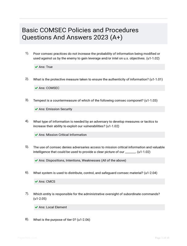 Basic COMSEC Policies And Procedures Questions And Answers 2023 (A+)