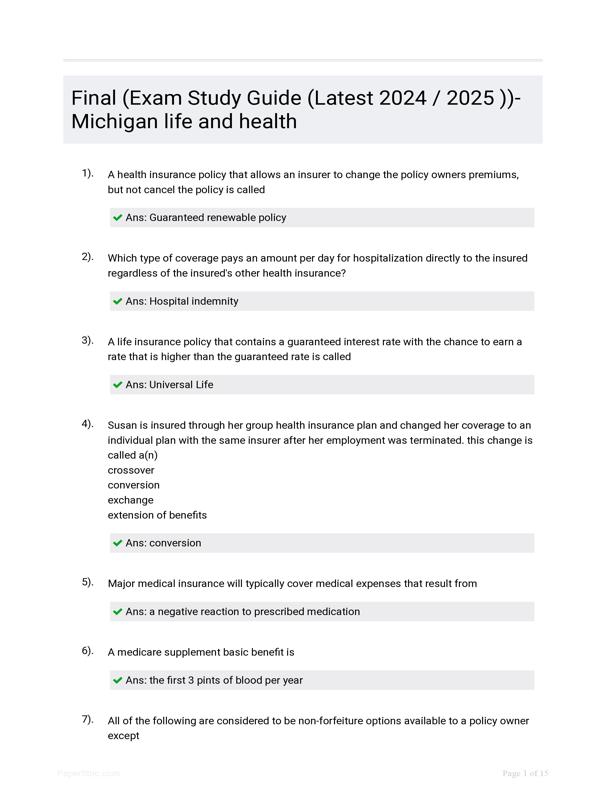 Final (Exam Study Guide (Latest 2024 / 2025 ))- Michigan Life And Health