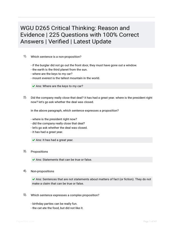 WGU D265 Critical Thinking: Reason And Evidence | 225 Questions With ...