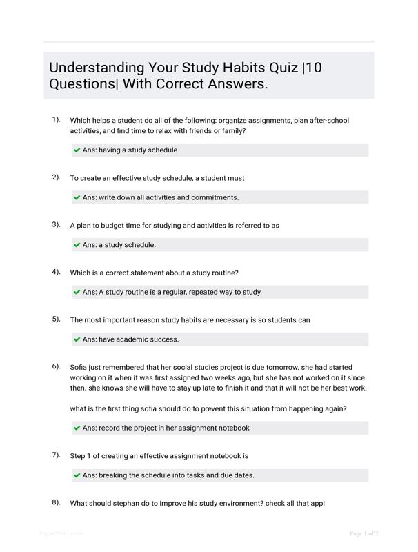 Understanding Your Study HabitsQuiz |10 Questions| With Correct Answers.