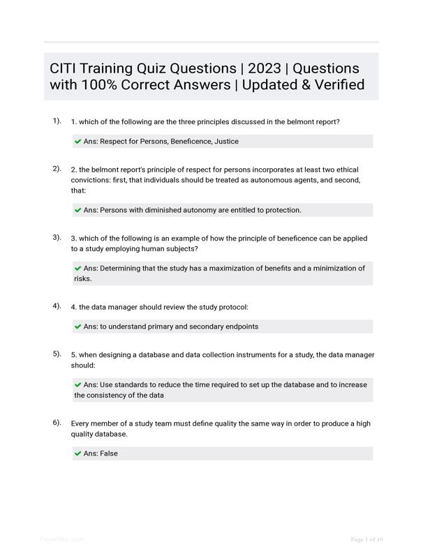 CITI Training Quiz Questions | 2023 | Questions With 100% Correct ...