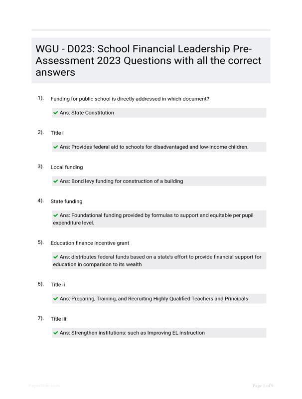 WGU - D023: School Financial Leadership Pre-Assessment 2023 Questions ...