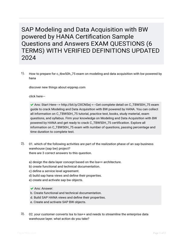 SAP Modeling And Data Acquisition With BW Powered By HANA Certification ...