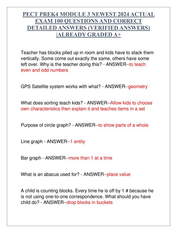 PECT PREK4 MODULE 3 NEWEST 2024 ACTUAL EXAM 100 QUESTIONS AND CORRECT ...