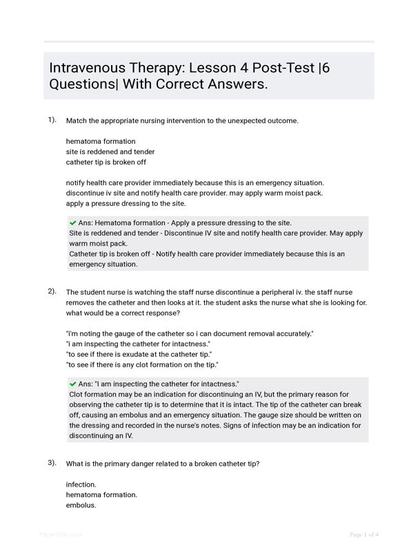 Intravenous Therapy: Lesson 4 Post-Test |6 Questions| With Correct Answers.