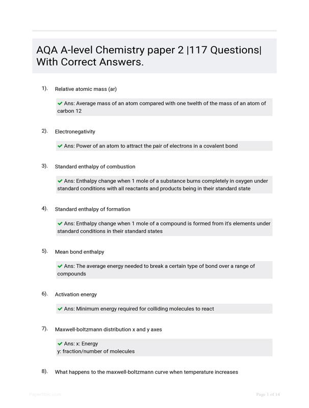 AQA A-level Chemistry Paper 2 |117 Questions| With Correct Answers.