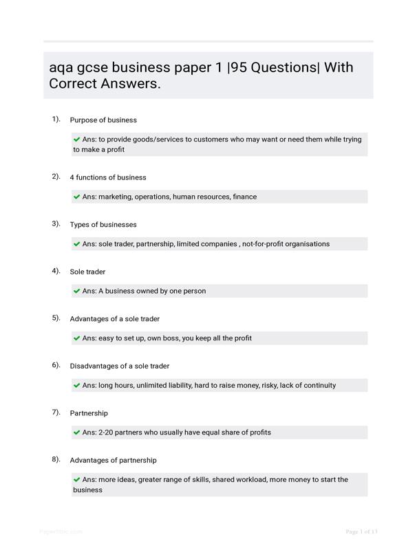 Aqa Gcse Business Paper 1 |95 Questions| With Correct Answers.