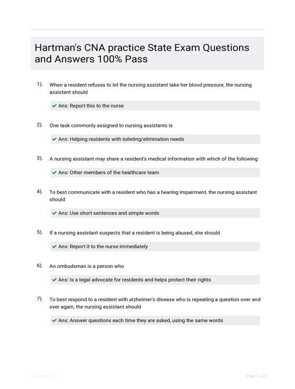 Hartman's CNA Practice State Exam Questions And Answers 100% Pass