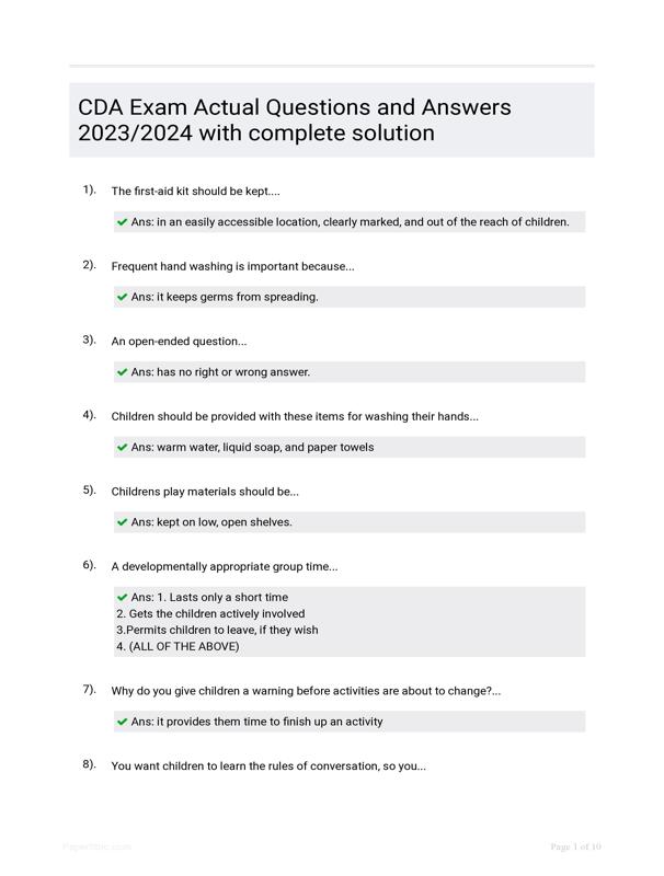 CDA Exam Actual Questions And Answers 2023/2024 With Complete Solution