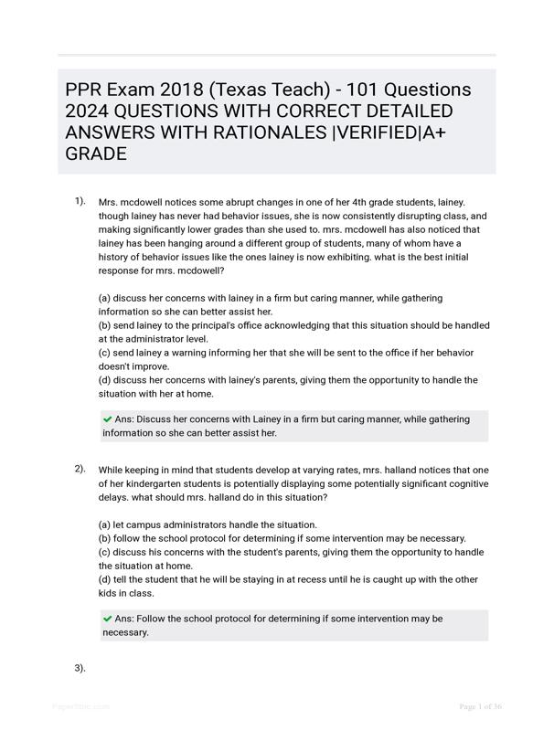 PPR Exam 2018 (Texas Teach) - 101 Questions 2024 QUESTIONS WITH CORRECT ...