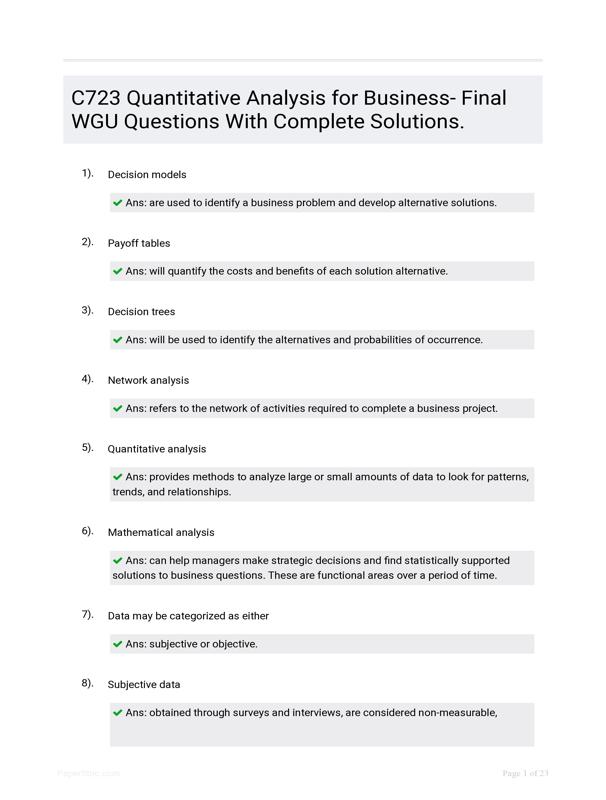 C723 Quantitative Analysis For Business- Final WGU Questions With ...