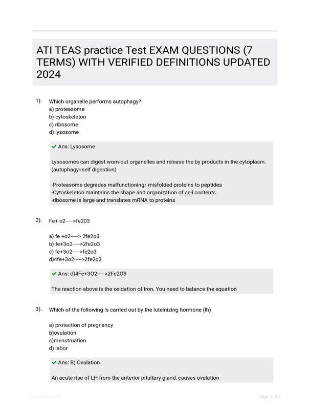 ATI TEAS Practice Test EXAM QUESTIONS (7 TERMS) WITH VERIFIED ...