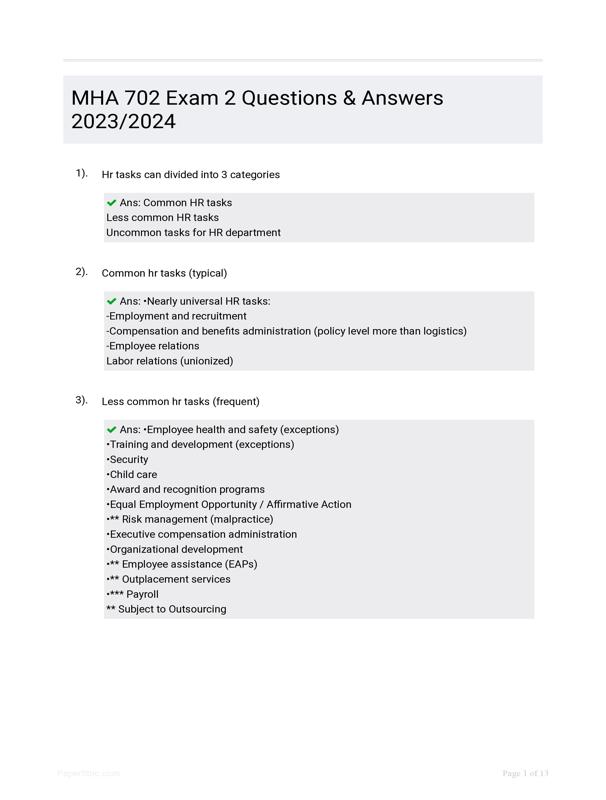 MHA 702 Exam 2 Questions & Answers 2023/2024