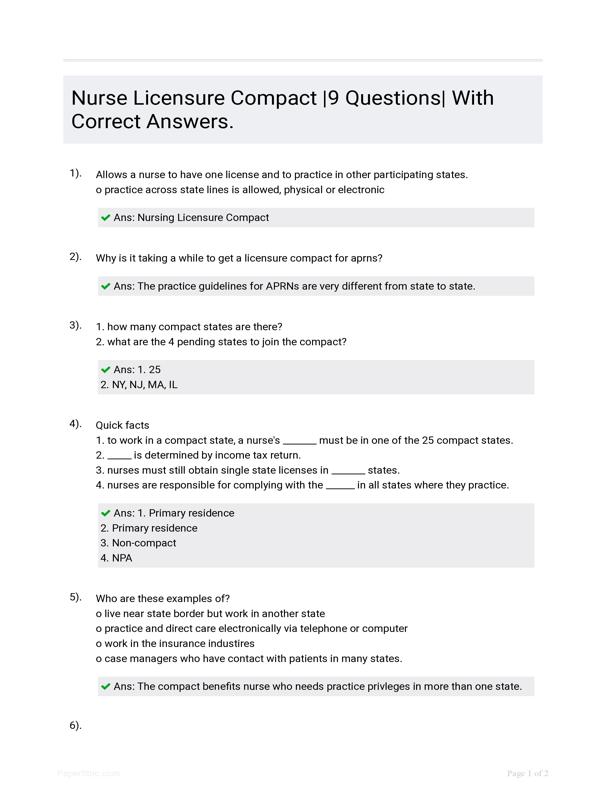 Nurse Licensure Compact |9 Questions| With Correct Answers.