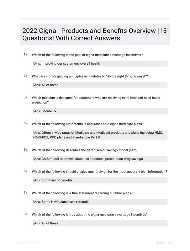 2022 Cigna - Products And Benefits Overview |15 Questions| With Correct ...