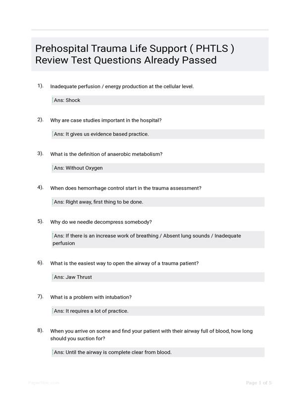 Prehospital Trauma Life Support ( PHTLS ) Review Test Questions Already ...