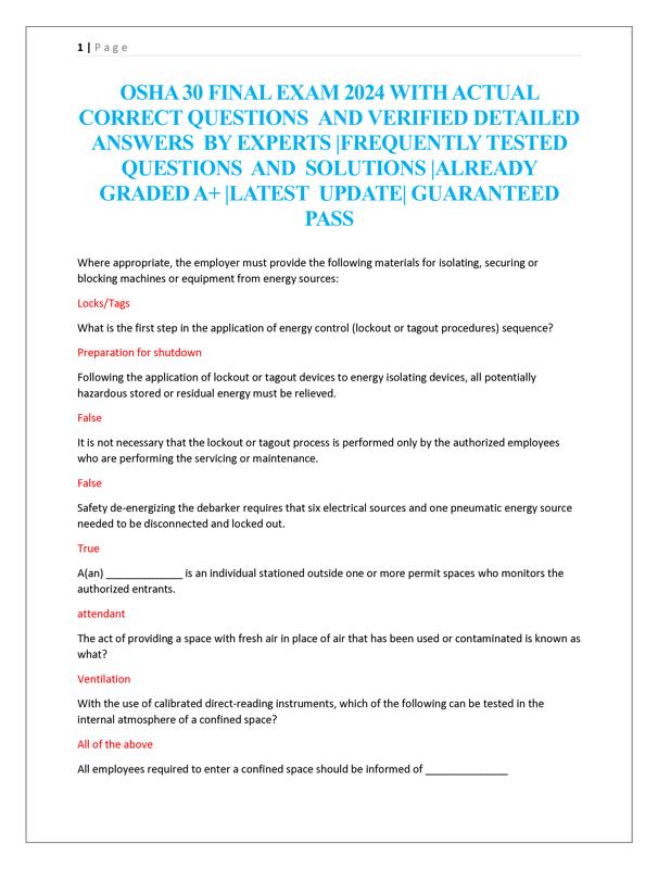 OSHA 30 FINAL EXAM 2024 WITH ACTUAL CORRECT QUESTIONS AND VERIFIED ...