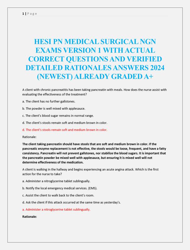 HESI PN MEDICAL SURGICAL NGN EXAMS VERSION 1 WITH ACTUAL CORRECT QUESTIONS