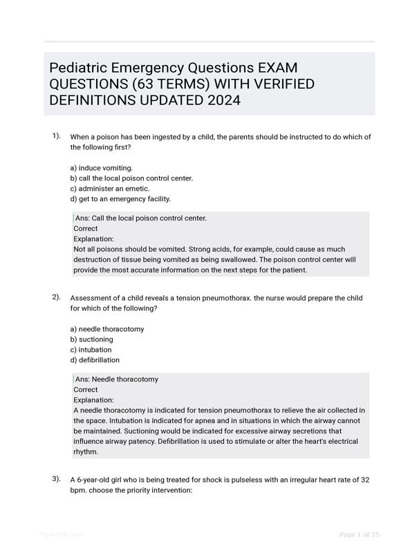 Pediatric Emergency Questions EXAM QUESTIONS (63 TERMS) WITH VERIFIED ...